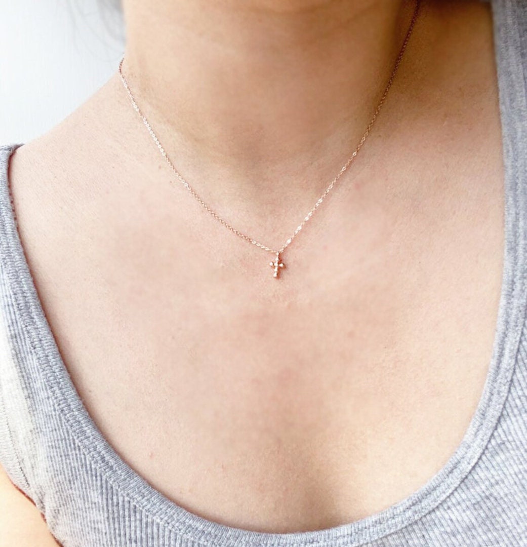 Tiny Cross Necklace, Ball Cross Charm Necklace Gold, Silver Cross ...