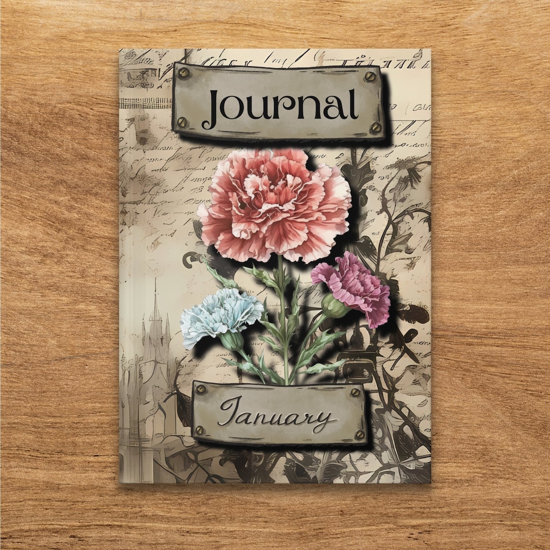 January Birth Flower Carnation Theme Notebook, Vintage Style Hard Cover ...