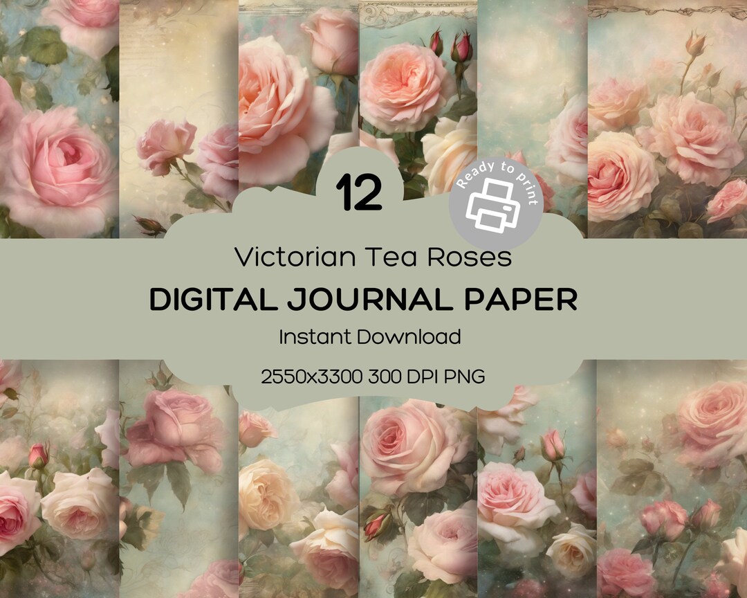 Victorian Tea Roses Digital Journal Paper, Vintage Floral Scrapbook ...