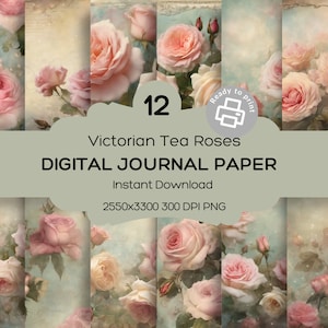 Victorian Tea Roses Digital Journal Paper, Vintage Floral Scrapbook ...