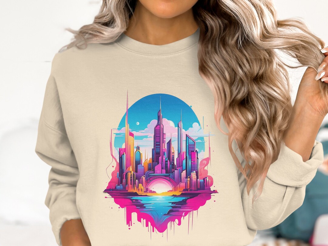 Retro 80s Cityscape Neon Sunset Graphic T-shirt, Vibrant Urban Skyline ...