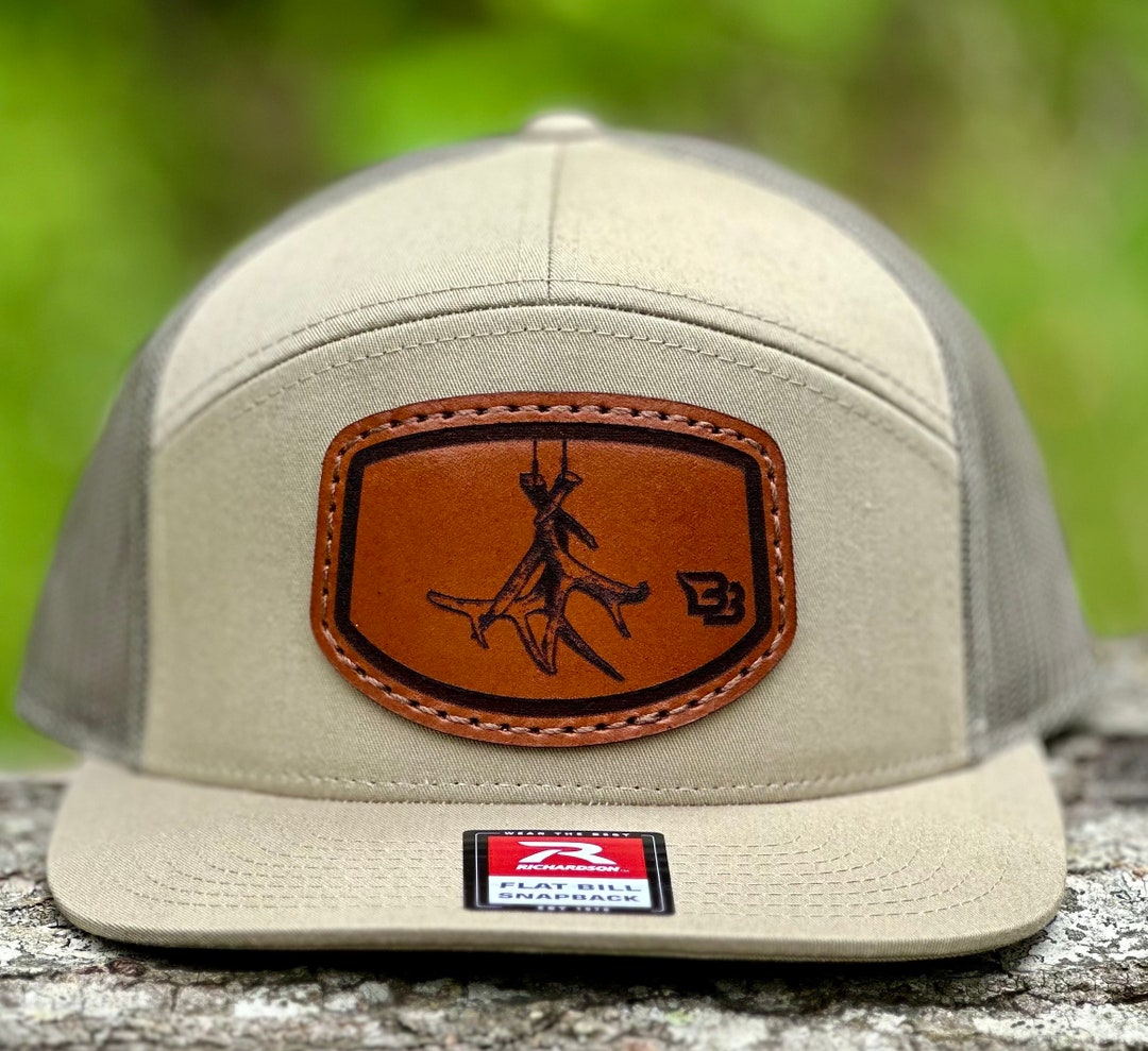 Deer Antler Hanging Horns SEWN LEATHER PATCH | 7 Panel Flat Bill | Deer ...