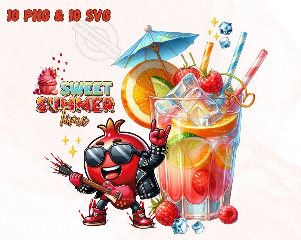 Funny Fruit Clipart Bundle, Tropical Drinks Png, Summer 2025 Svg, Hello ...