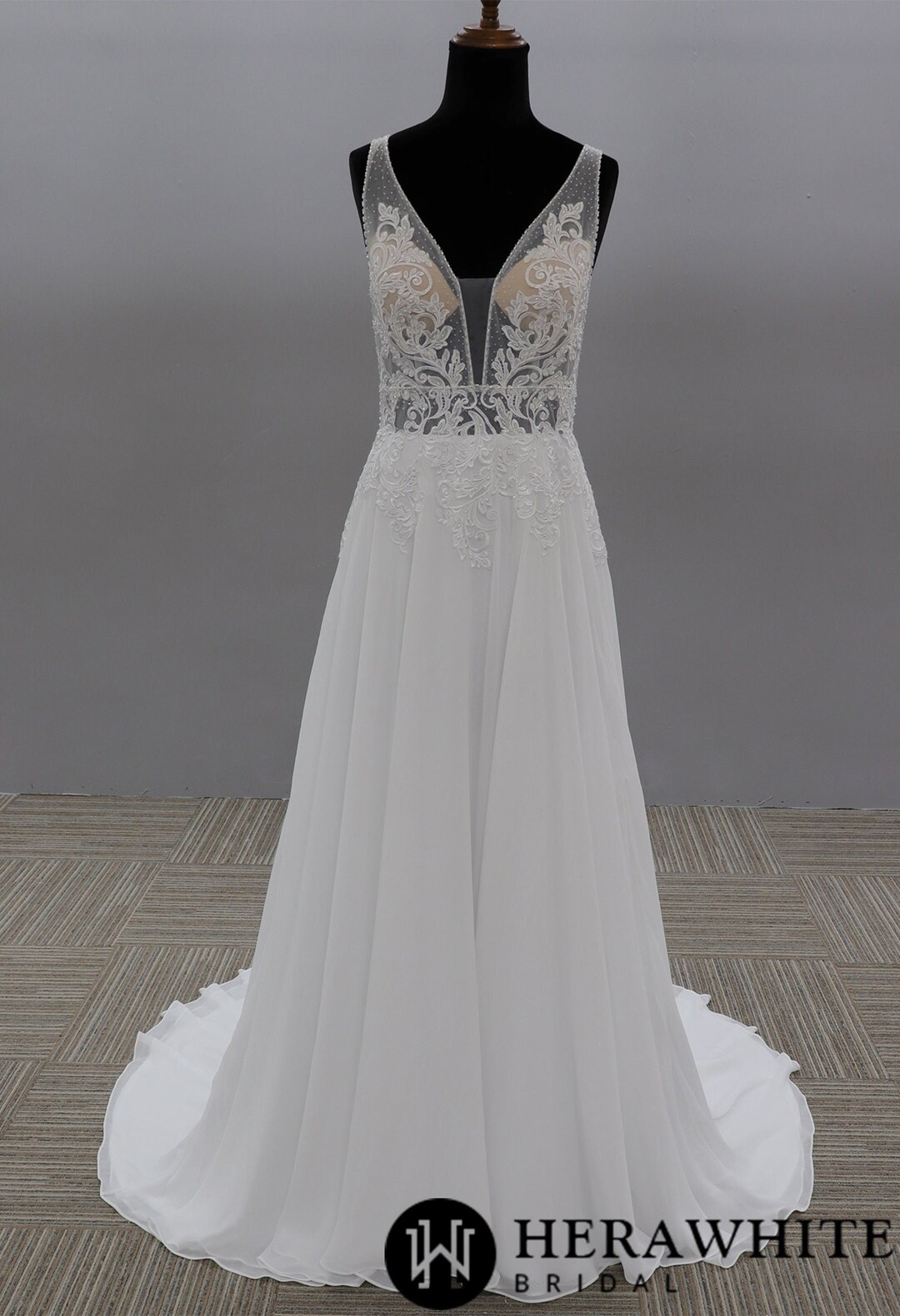 Modern A-line Wedding Dress With Floral Lace Bodice - Etsy