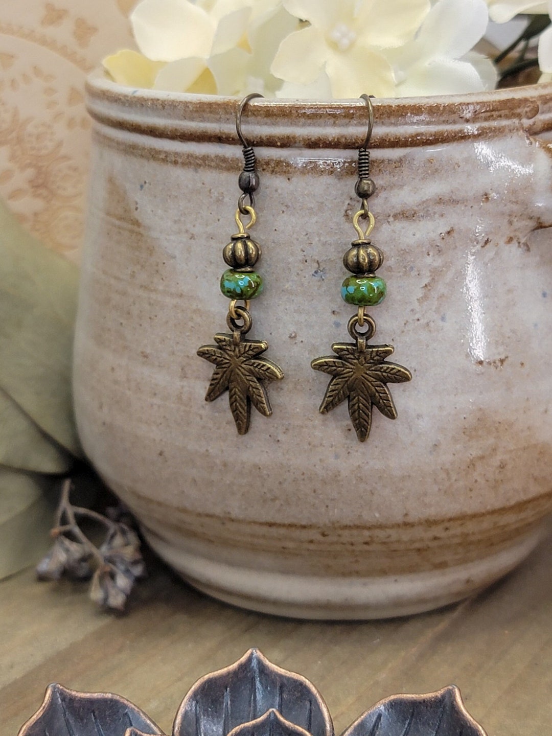 Marijuana Leaf Pot Weed Cannabis Earrings, Czech Glass Bead Earrings ...
