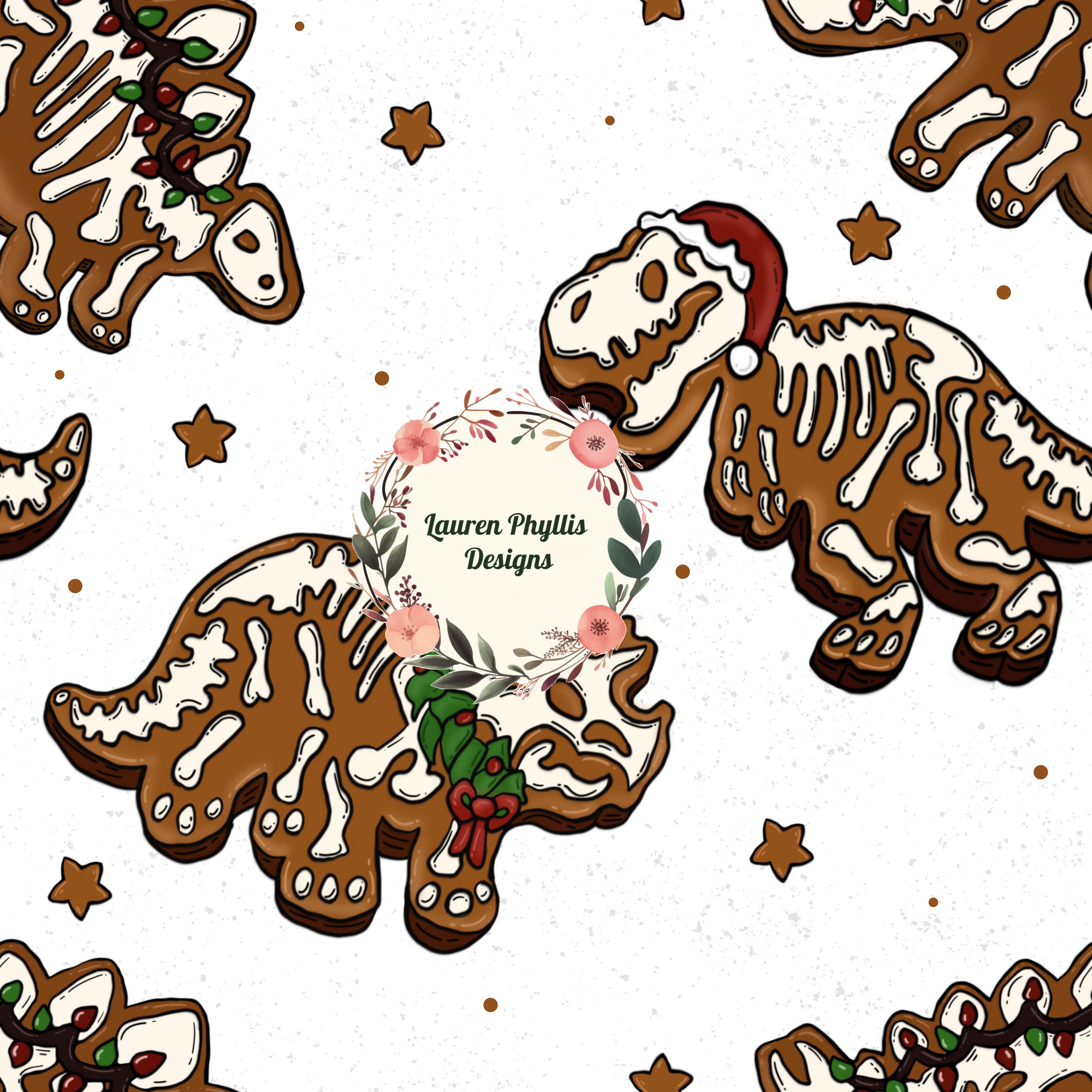 Gingerbread Dinosaur Christmas Cookies Hand Drawn Seamless File Design ...