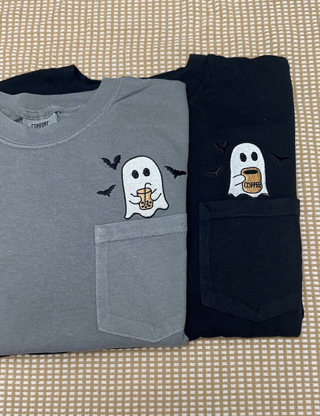 Embroidered Pocket Ghost Comfort Colors Pocket Tee,halloween Ghost ...