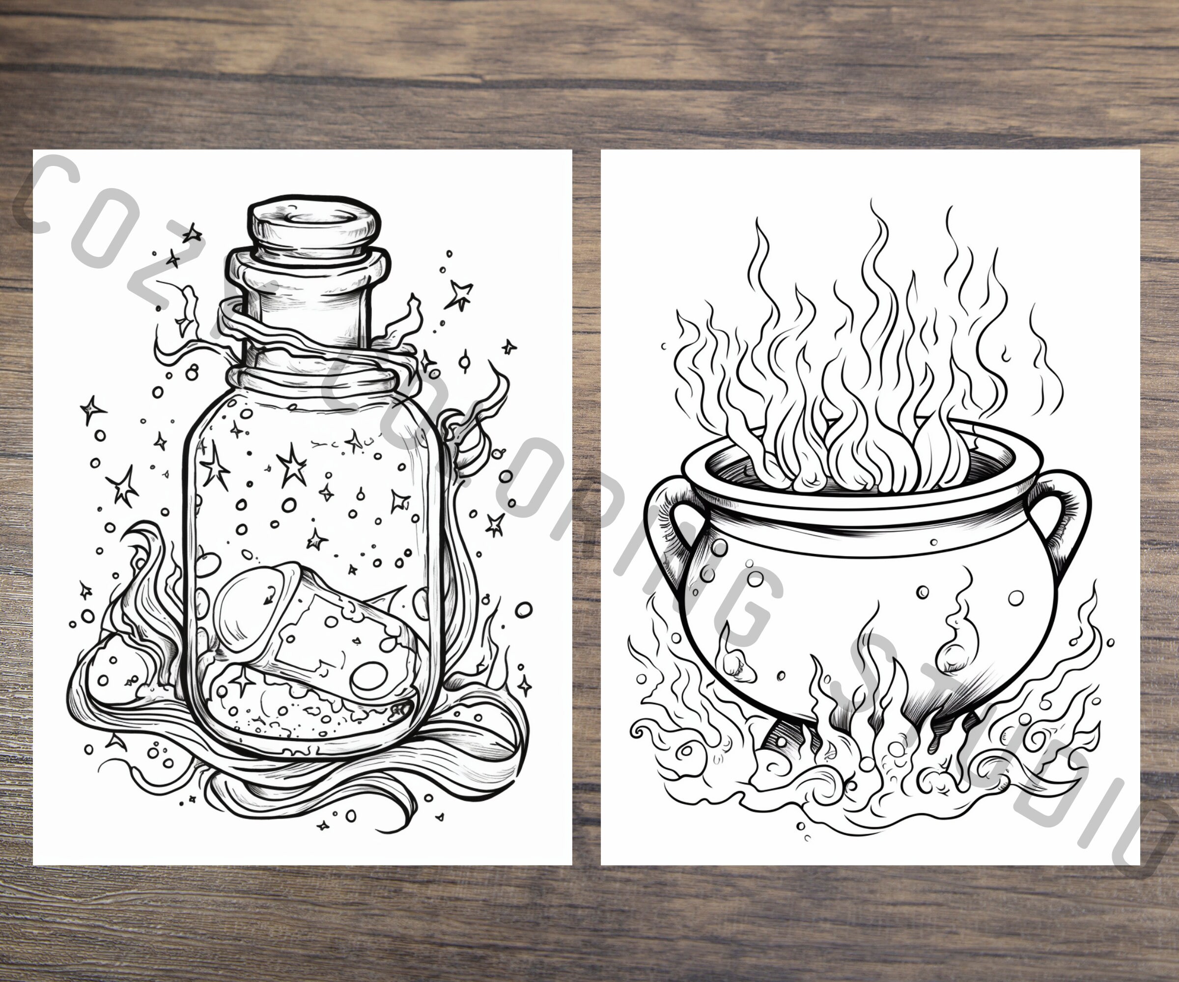 Wizards and Potions Grayscale Coloring Book Pages for Adults, for Kids ...