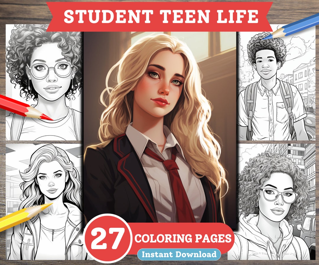 Student Teen Life Grayscale Coloring Book Pages for Adults, for Kids ...
