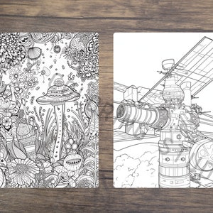 Outerspace Adventure Grayscale Coloring Book Pages for Adults, for Kids ...