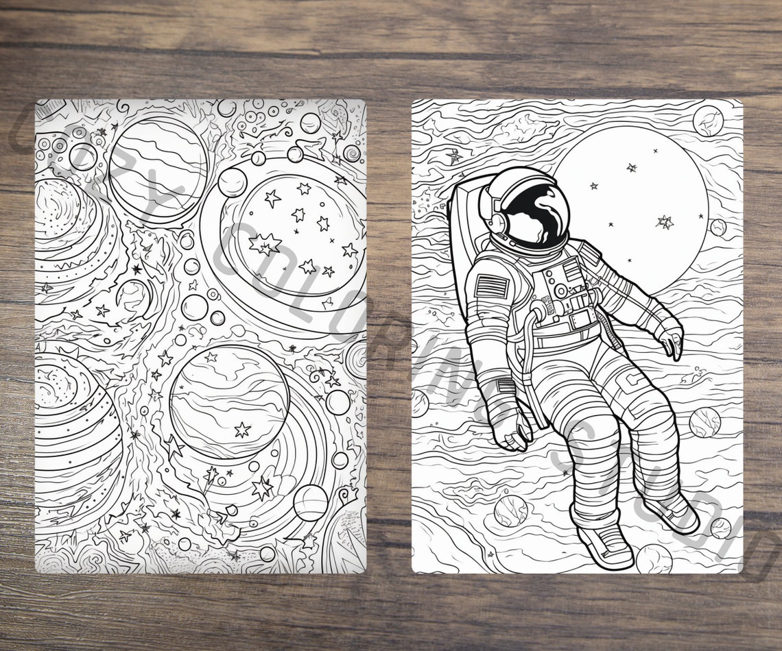 Outerspace Adventure Grayscale Coloring Book Pages for Adults, for Kids ...