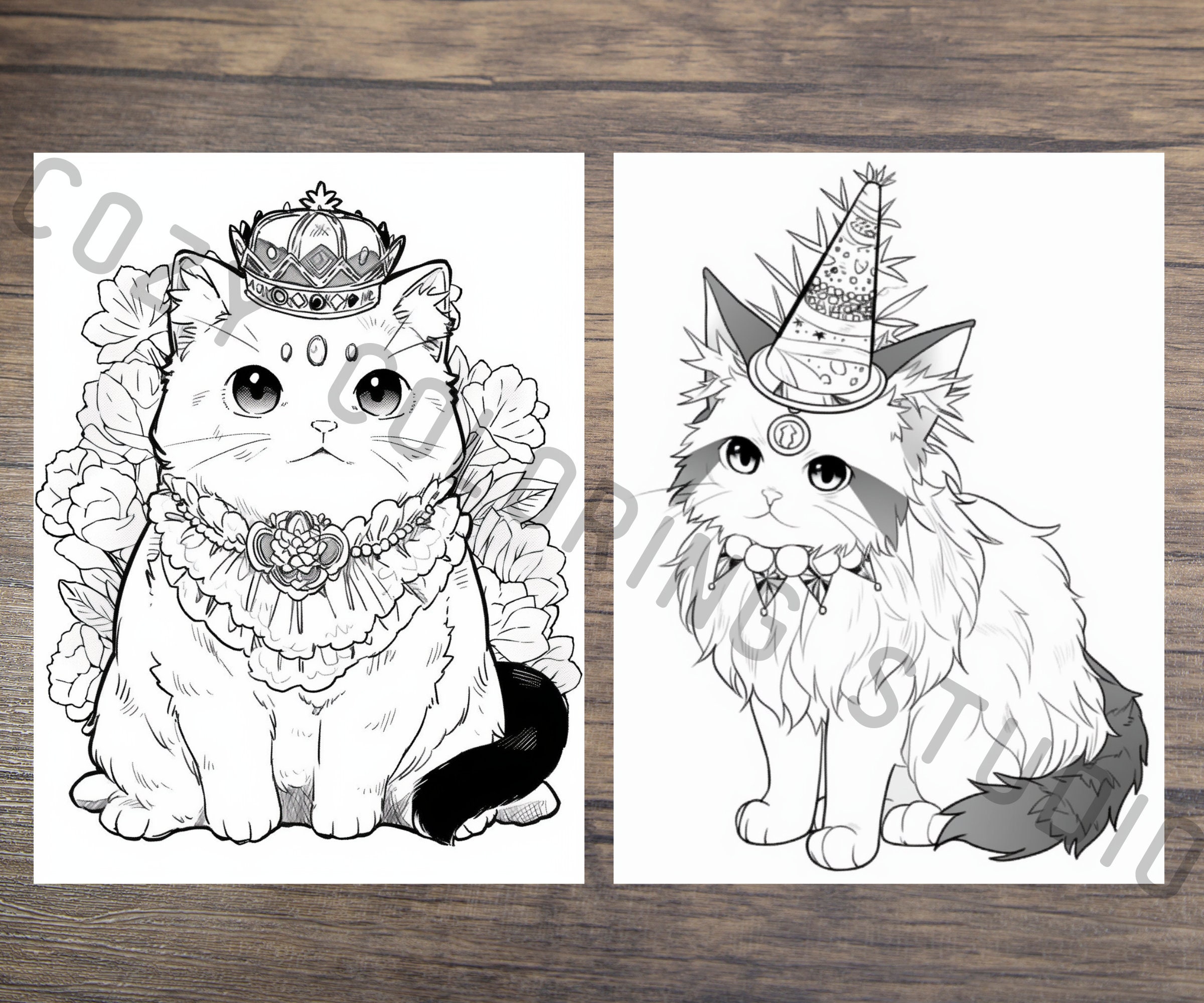 Cute Kawaii Cats Wearing Cute Hats Coloring Book Pages for Adults for ...