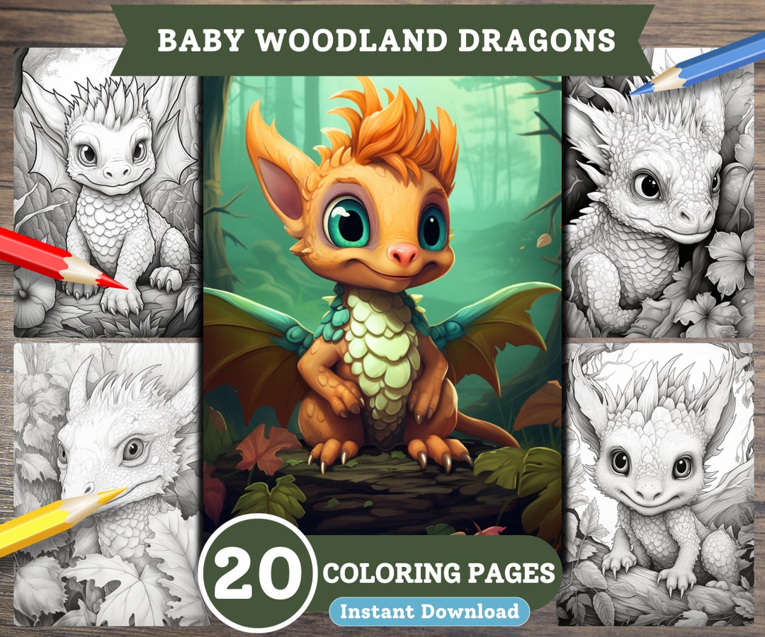 Baby Woodland Dragons Grayscale Coloring Book Pages for - Etsy