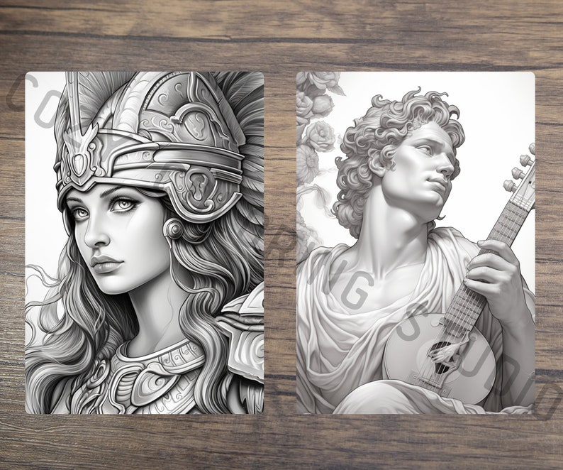 Greek Mythology Gods Grayscale Coloring Book Pages for Adults, for Kids ...