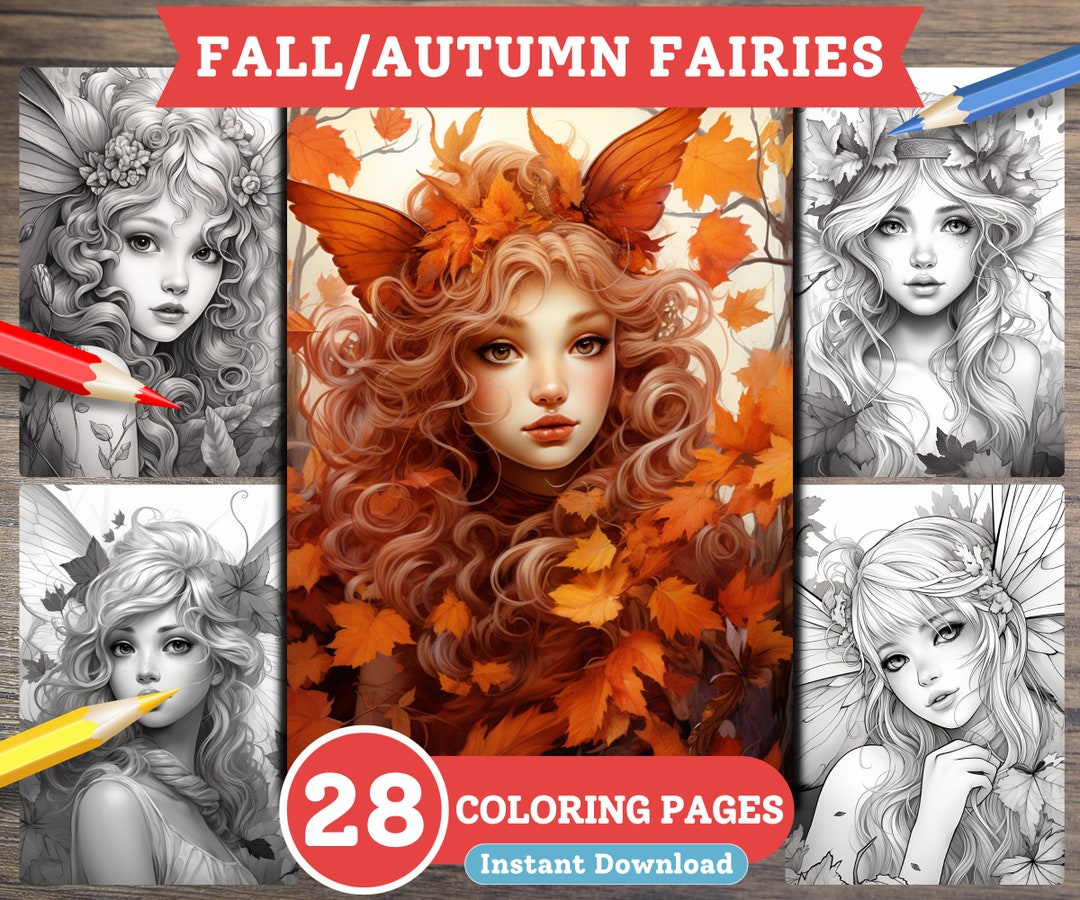 Fantasy Fall Fairies Grayscale Coloring Book Pages for Adults, for Kids ...
