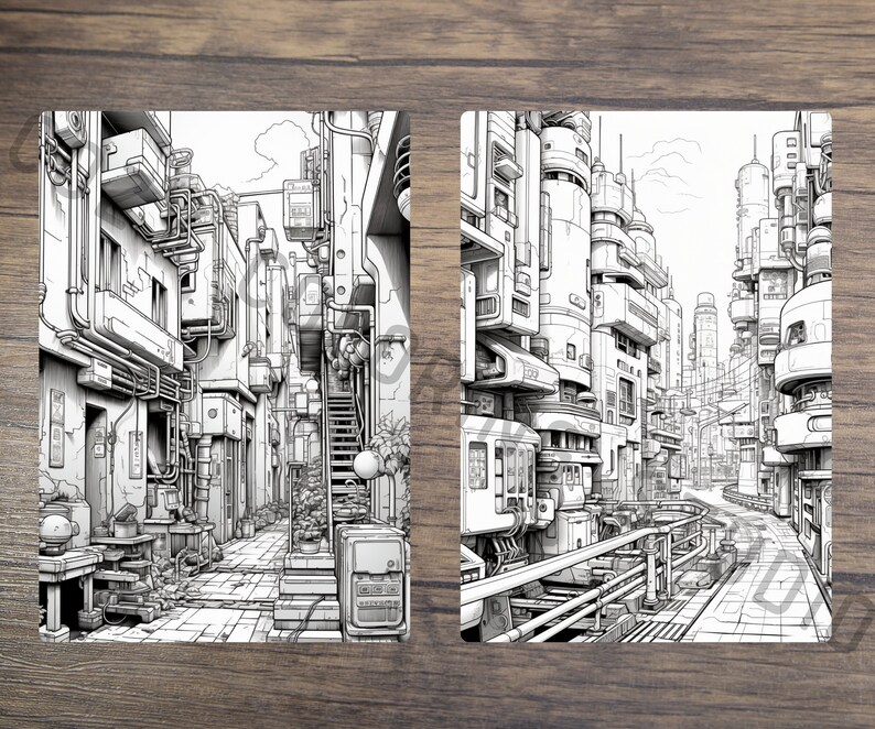 Cyberpunk Streets Grayscale Coloring Book Pages for Adults, for Kids ...