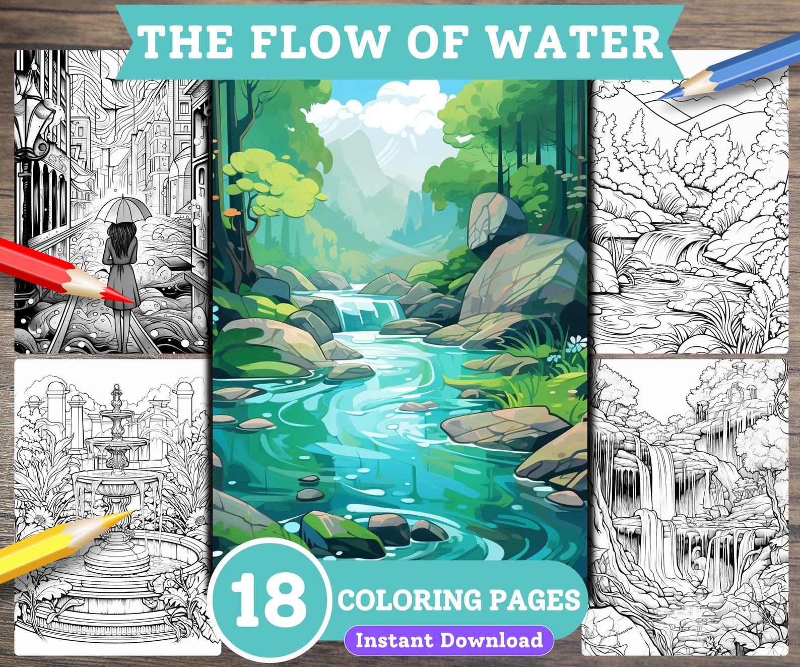 The Flow of Water Grayscale Coloring Book Pages for Adults - Etsy