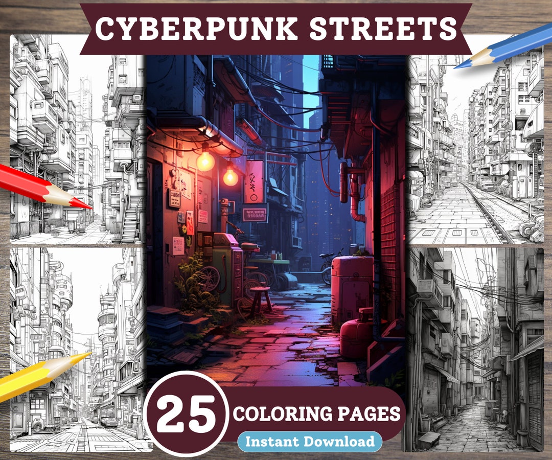 Cyberpunk Streets Grayscale Coloring Book Pages for Adults, for Kids ...