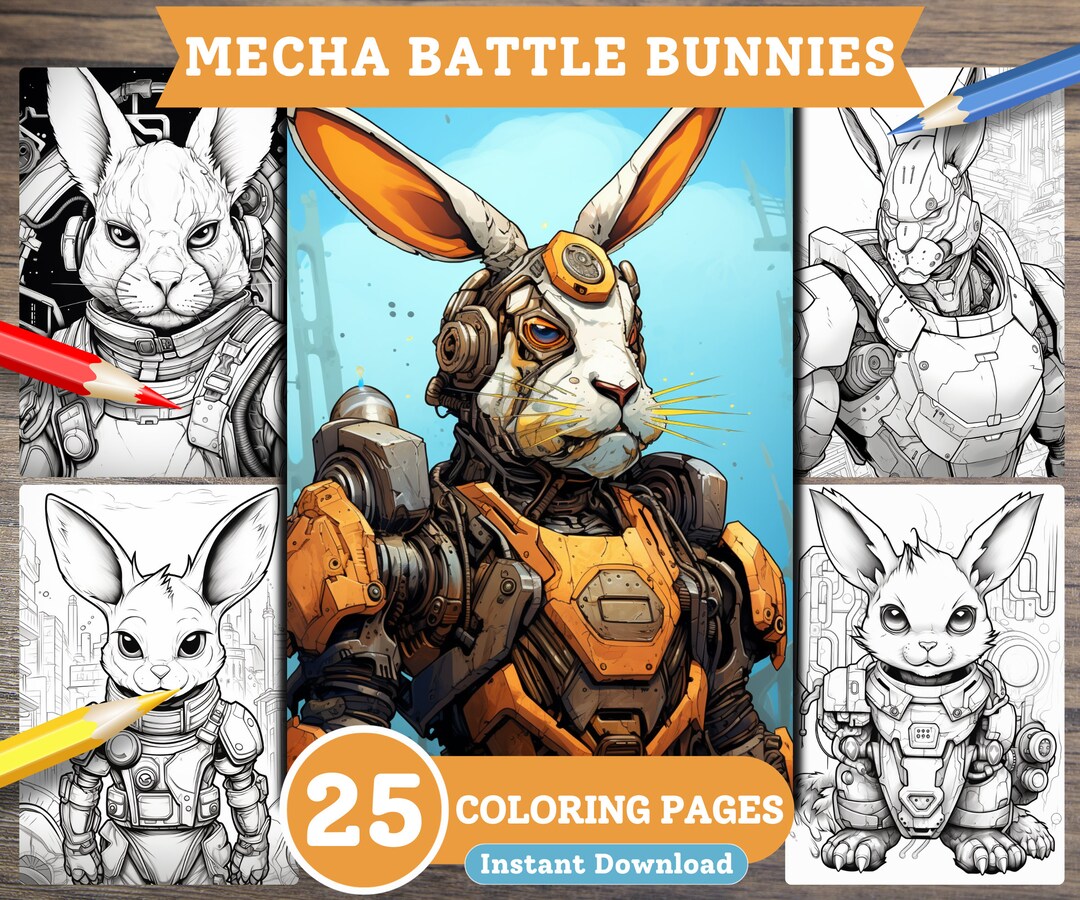 Robot Mecha Bunny Rabbit Grayscale Coloring Book Pages for Adults for ...