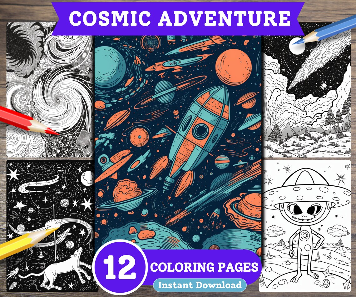 Outerspace Adventure Grayscale Coloring Book Pages for Adults, for Kids ...