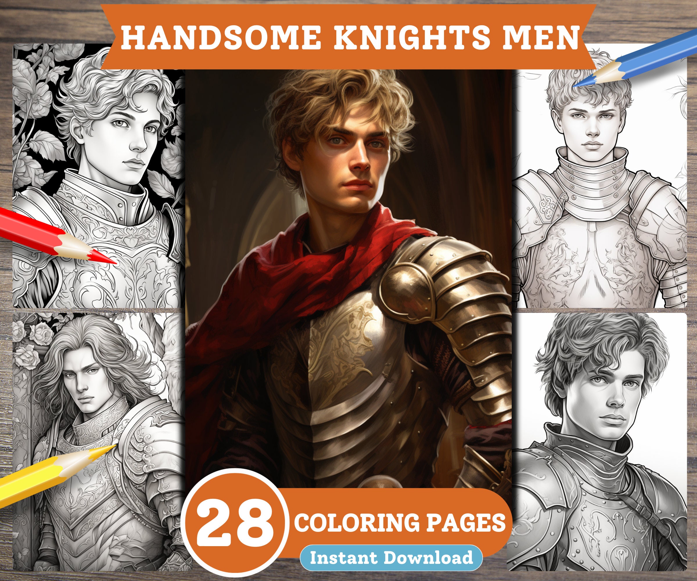 Handsome Knight Men Grayscale Coloring Book Pages for Adults, for Kids ...