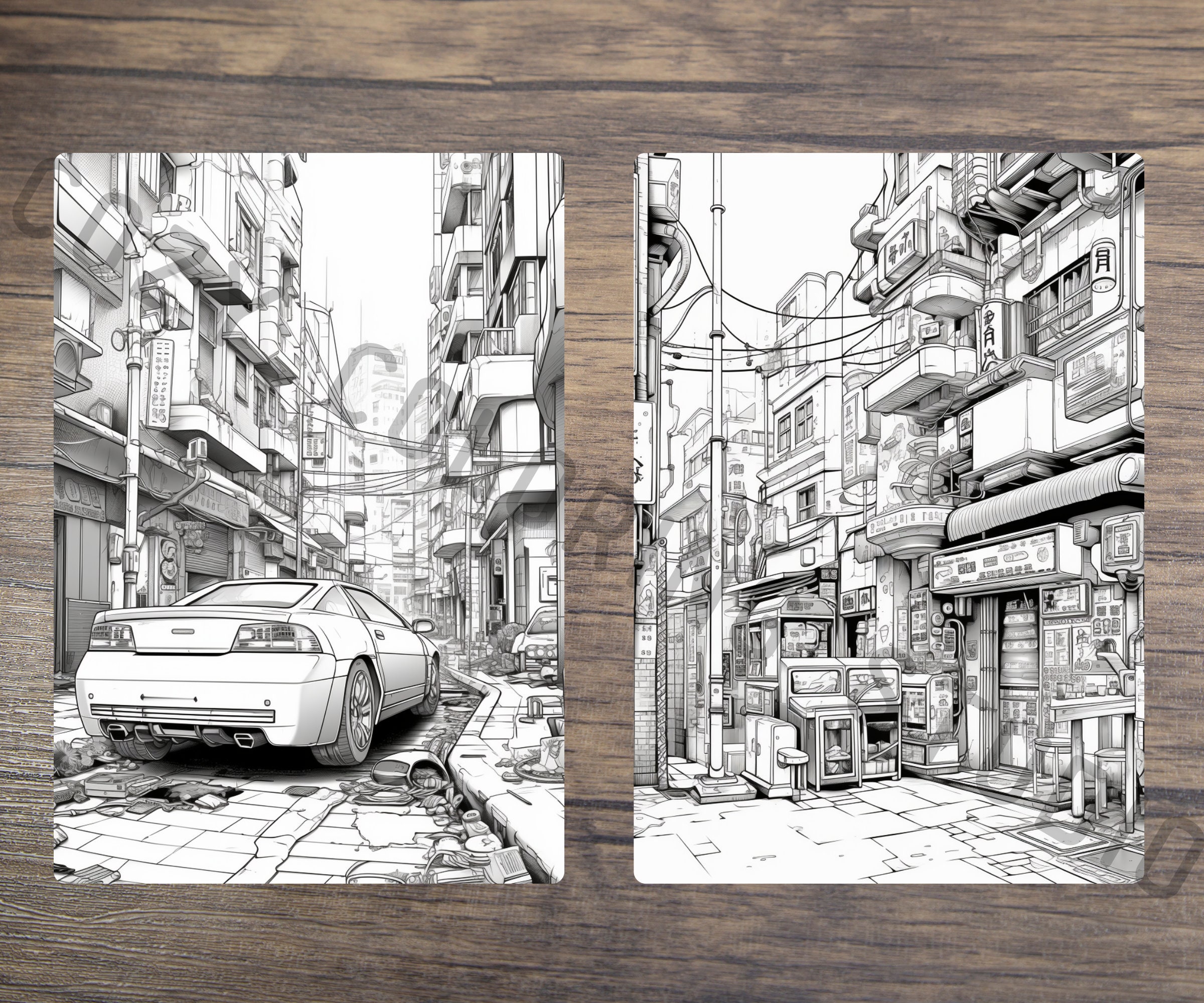 Cyberpunk Streets Grayscale Coloring Book Pages for Adults, for Kids ...
