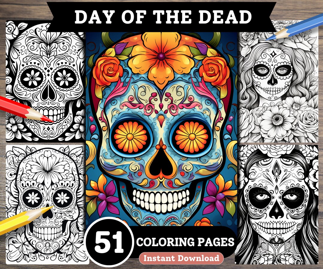 Day of the Dead Grayscale Coloring Book Pages for Adults, for Kids ...