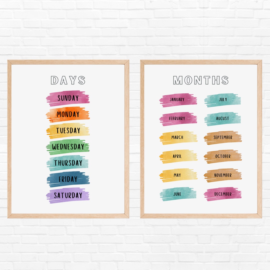 Educational Posters, Days of the Week, Months Poster, Playroom Prints ...