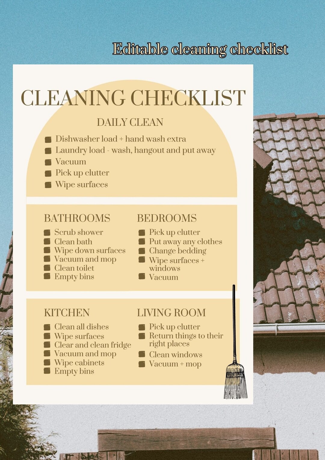 Editable Cleaning Checklist | Daily Cleaning and Room by Room Checklist ...
