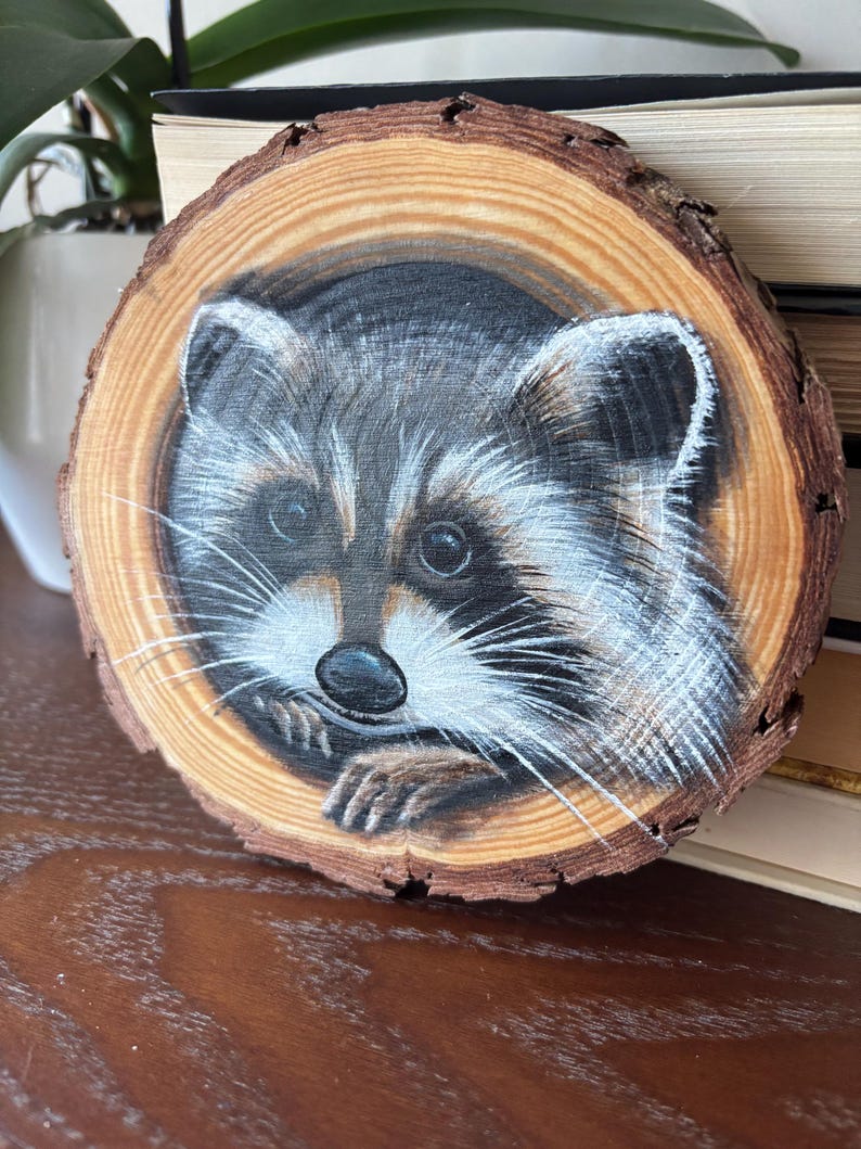 Hand-painted Raccoon Wood Slice: Woodland Animal Wall Art (6 Inch) - Etsy