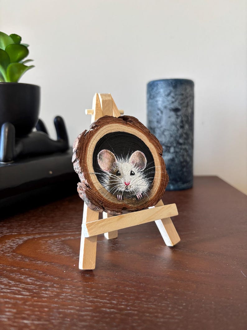 Miniature Mouse Painting: Hand-painted Acrylic Art on Wood Slice - Etsy