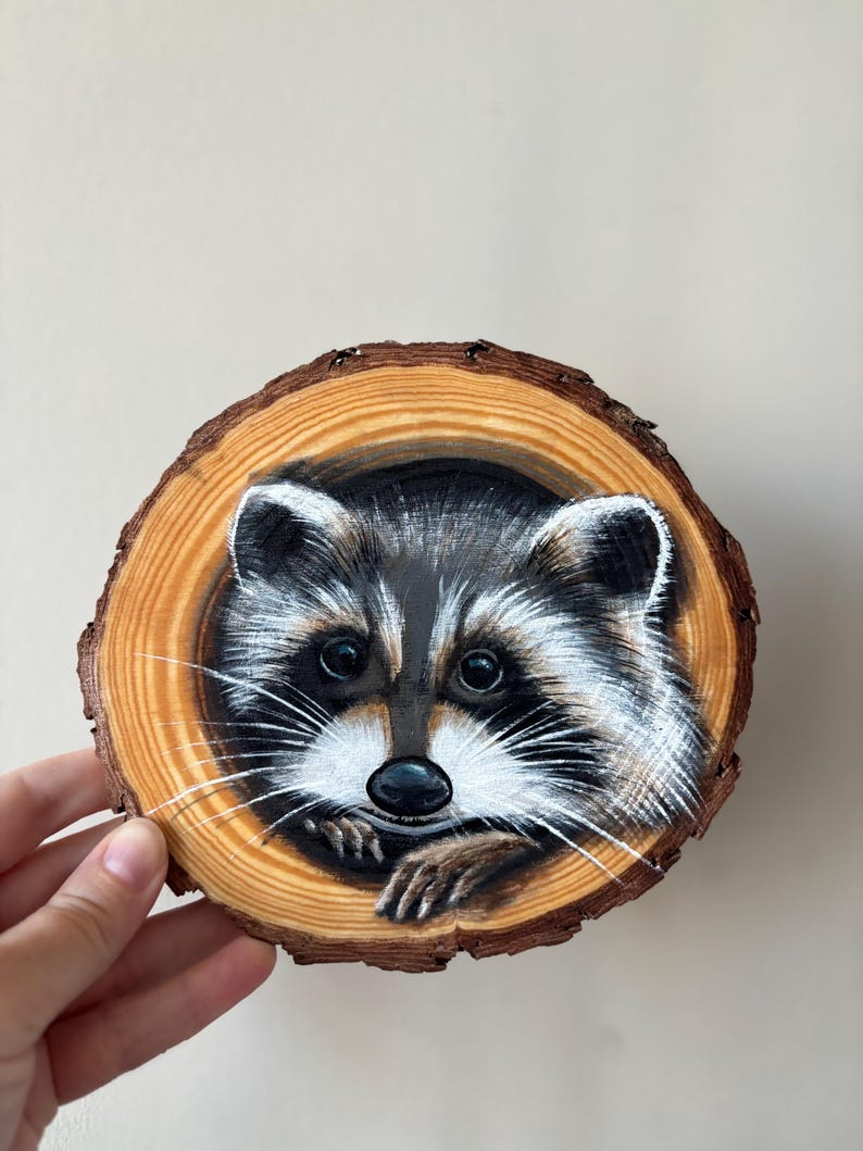 Hand-painted Raccoon Wood Slice: Woodland Animal Wall Art (6 Inch) - Etsy