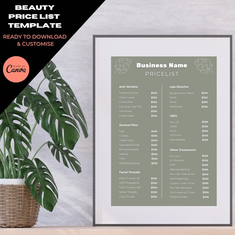 Price List Service Menu Treatment Template Beauty Cosmetic - Etsy