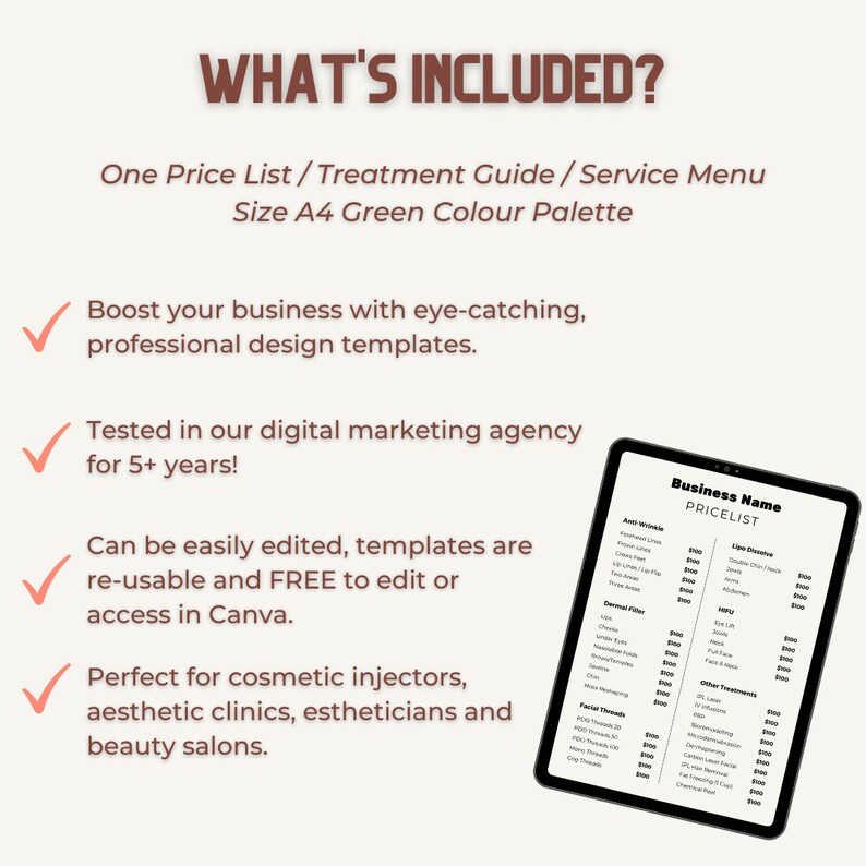 Price List Service Menu Treatment Template Beauty Cosmetic - Etsy