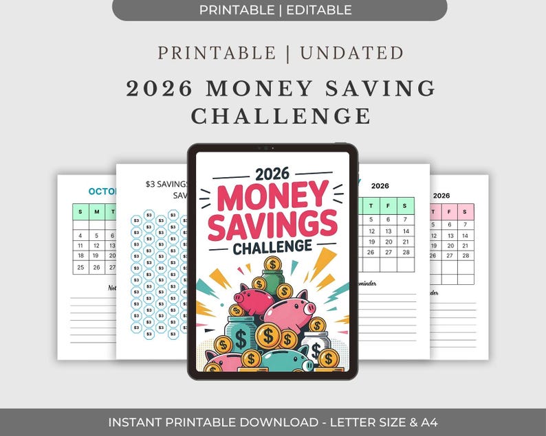 2026 Money Saving Challenge Printable, Savings Tracker Sheet, Budget ...