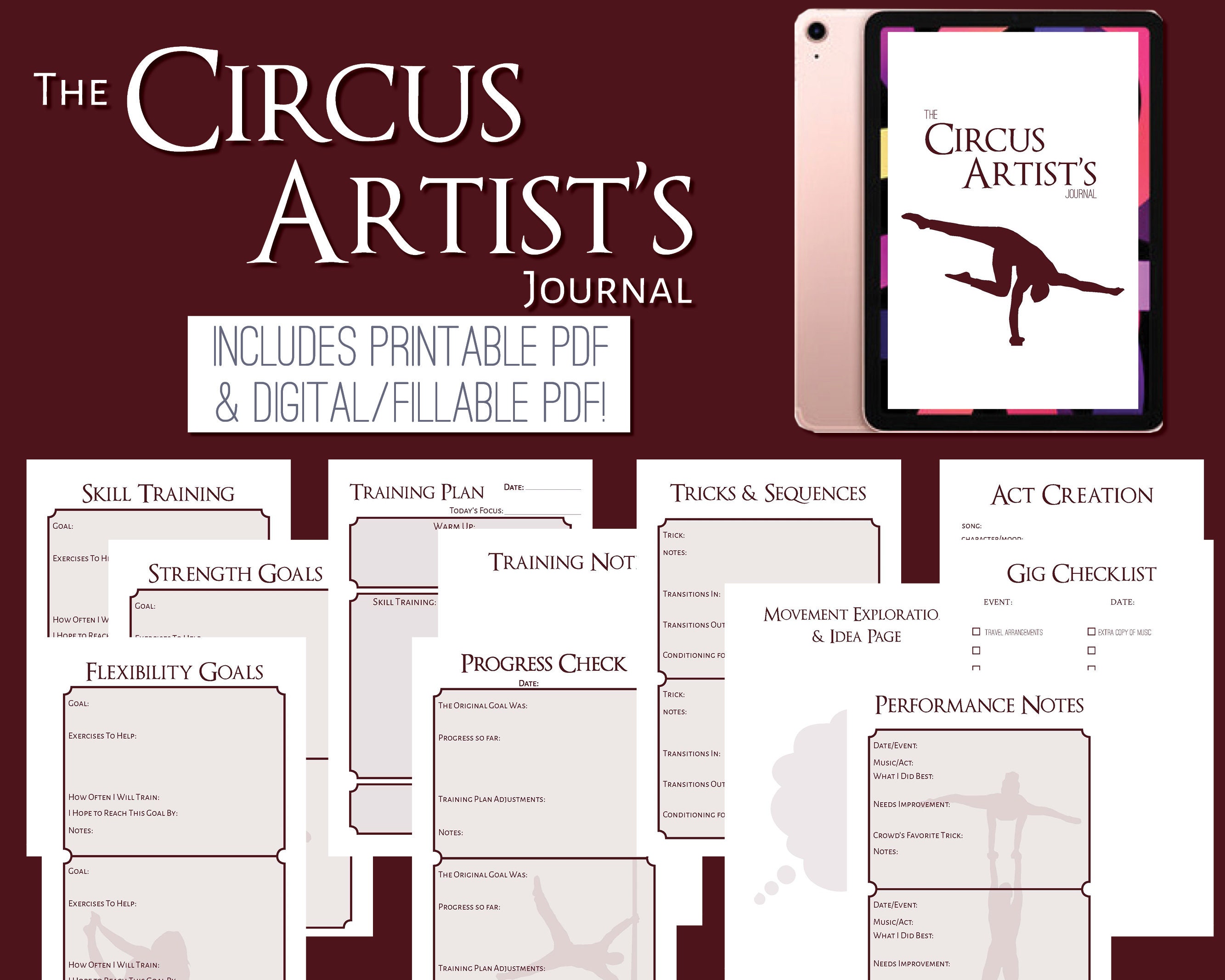 The Circus Artist's Journal - Digital & Printable PDF, Training Log ...
