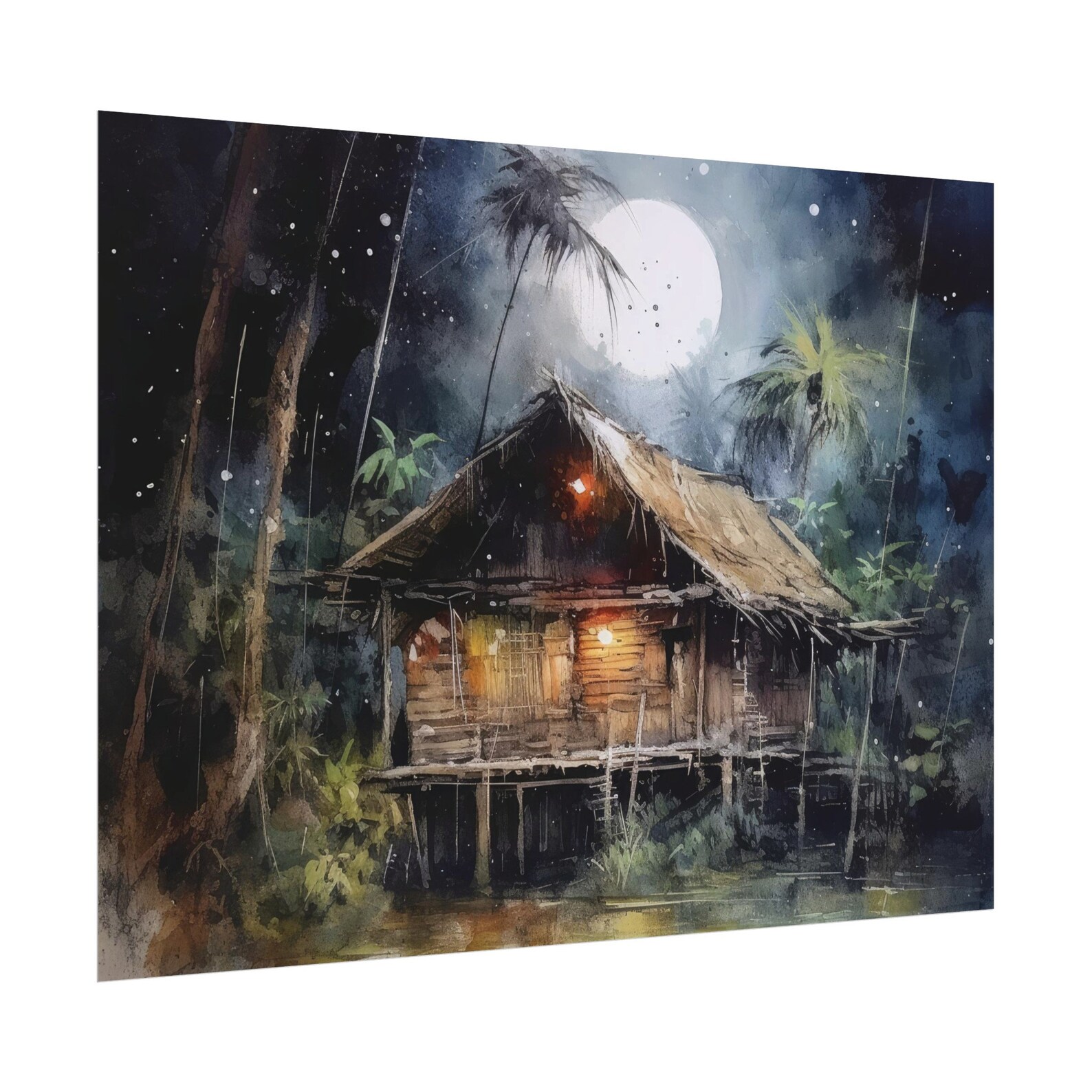 Bahay Kubo Full Moon Art Print - Water Color, Filipino Art, Philippines ...