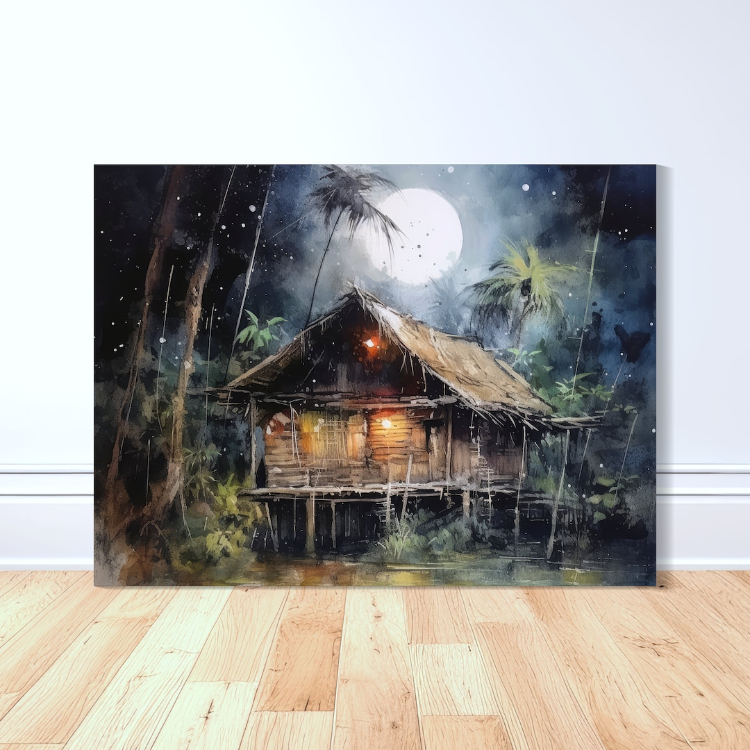 Bahay Kubo Full Moon Canvas Art Print - Water Color, Filipino Art ...