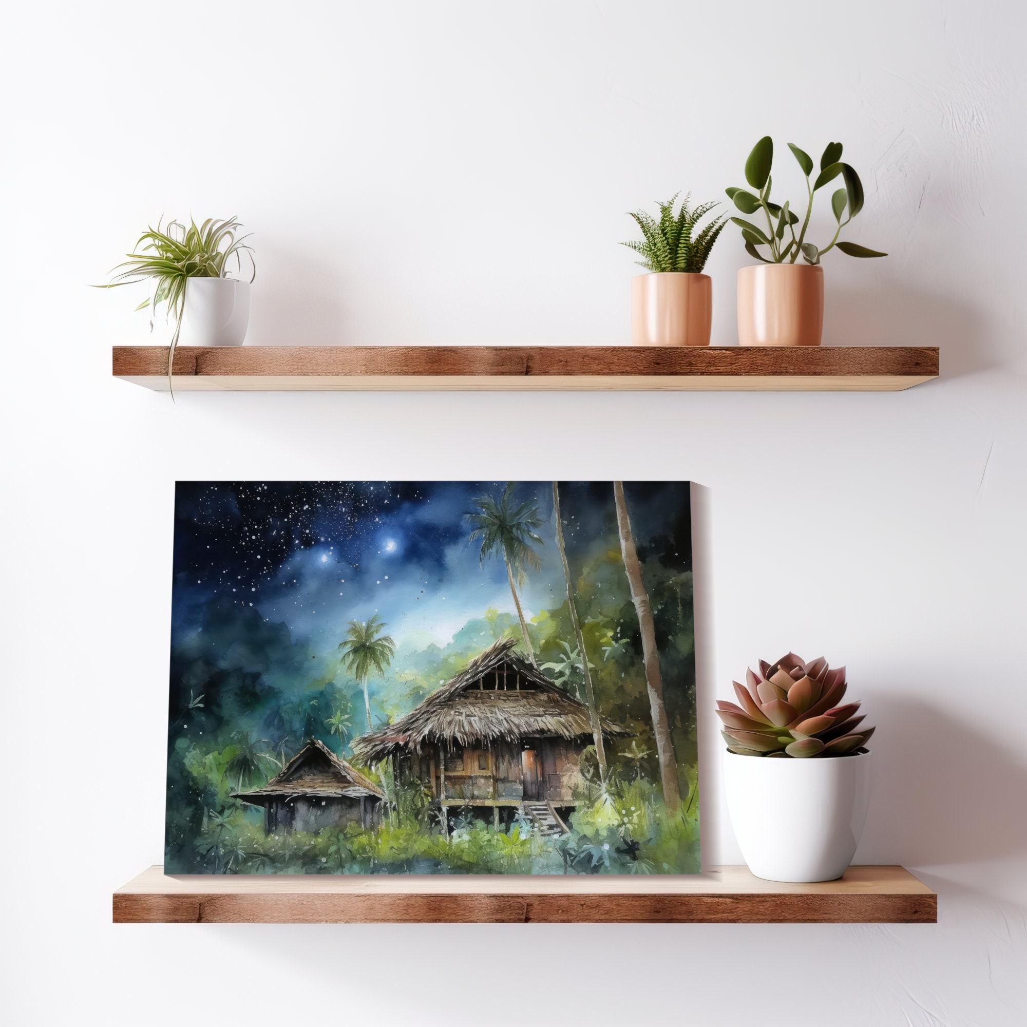 Bahay Kubo Starlit Retreat Canvas Art Print - Watercolor, Filipino Art ...