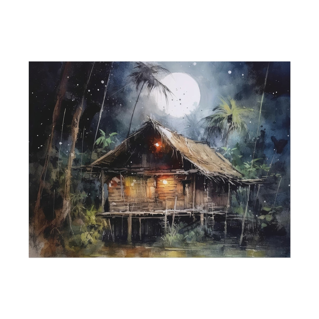 Bahay Kubo Full Moon Art Print - Water Color, Filipino Art, Philippines ...