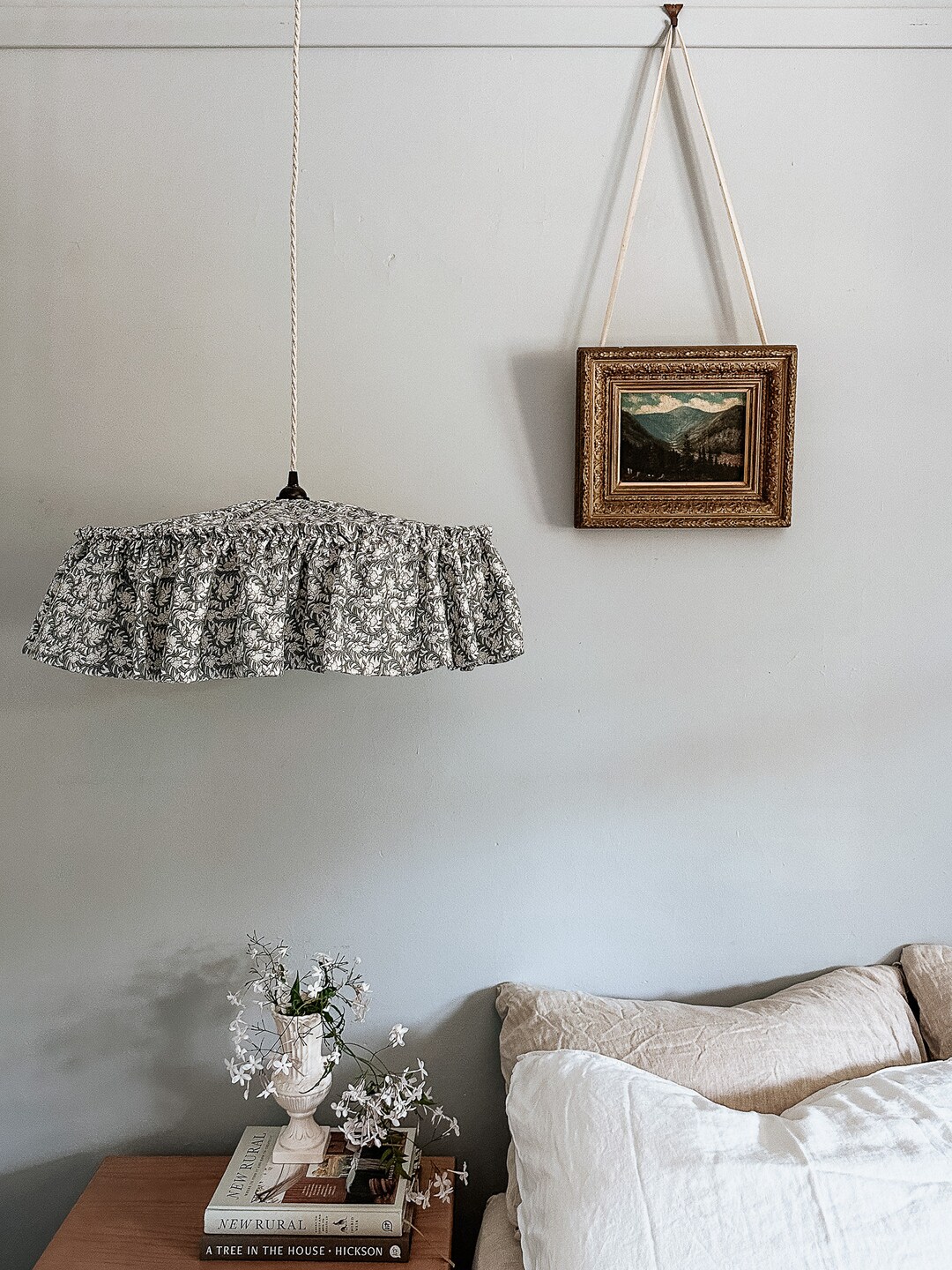 Handmade Blue Floral Ruffle Pendant Light Shade Block Print 50cm ...