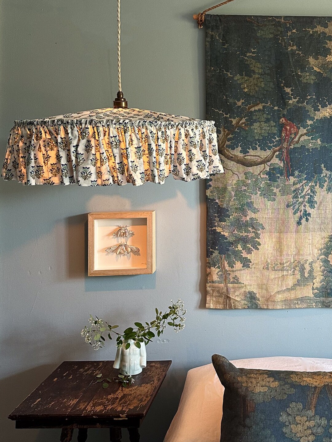 Handmade 20 White Blue Green Block Print Ruffle Pendant Light Shade - Etsy