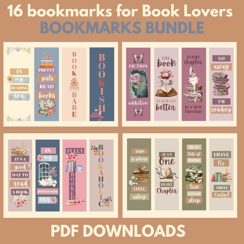 Bookmarks Bundle | Book Lovers | 16 Bookmarks for Bookoholics | Digital ...