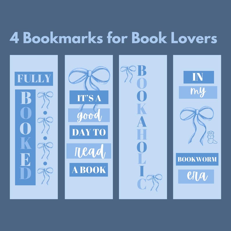 4 Cute Blue Coquette Bow Bookmarks | for Bookworms | Digital Download ...