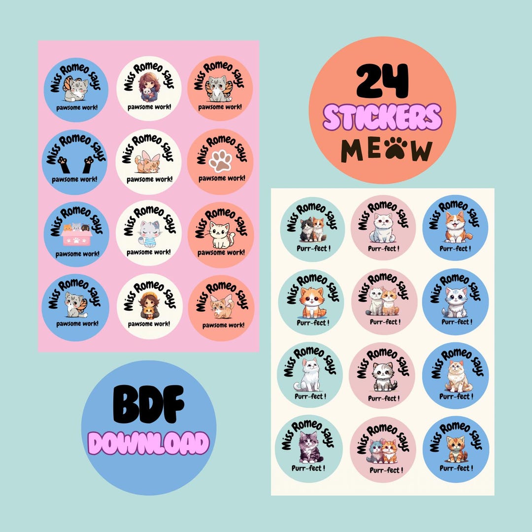 Well Done Stickers - 24 Teacher Stickers - Pawsome Work! | Purr-fect ...