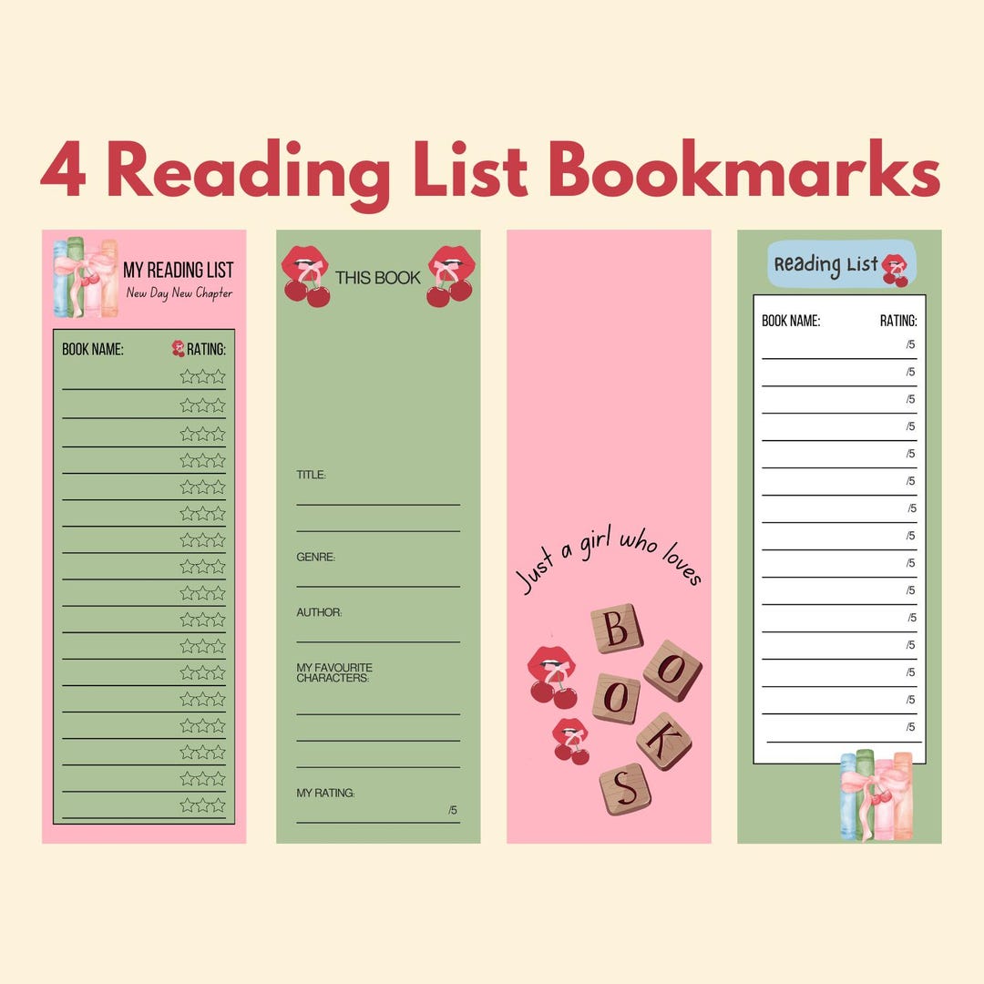 4 Printable Bookmark, Cherry Design, Coquette, TBR List Bookmark ...