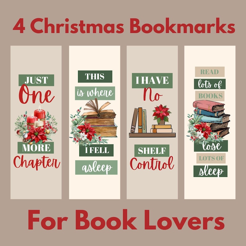 4 Christmas Bookmarks – Digital Download PDF & PNG Files - Book Lovers ...