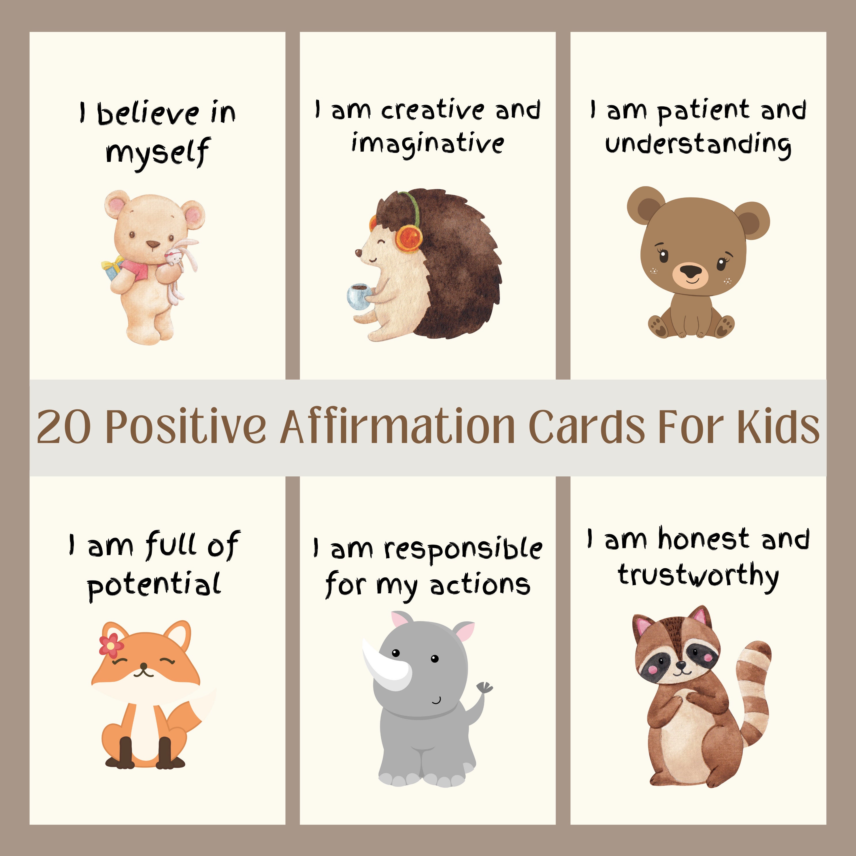Kids Positive Affirmation Cards: Animal Encouragement, Set of 20 ...
