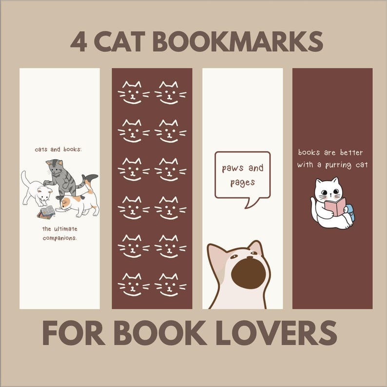 Whimsical Book + Cat Lover Bookmarks | Set of 4 | Digital Download ...