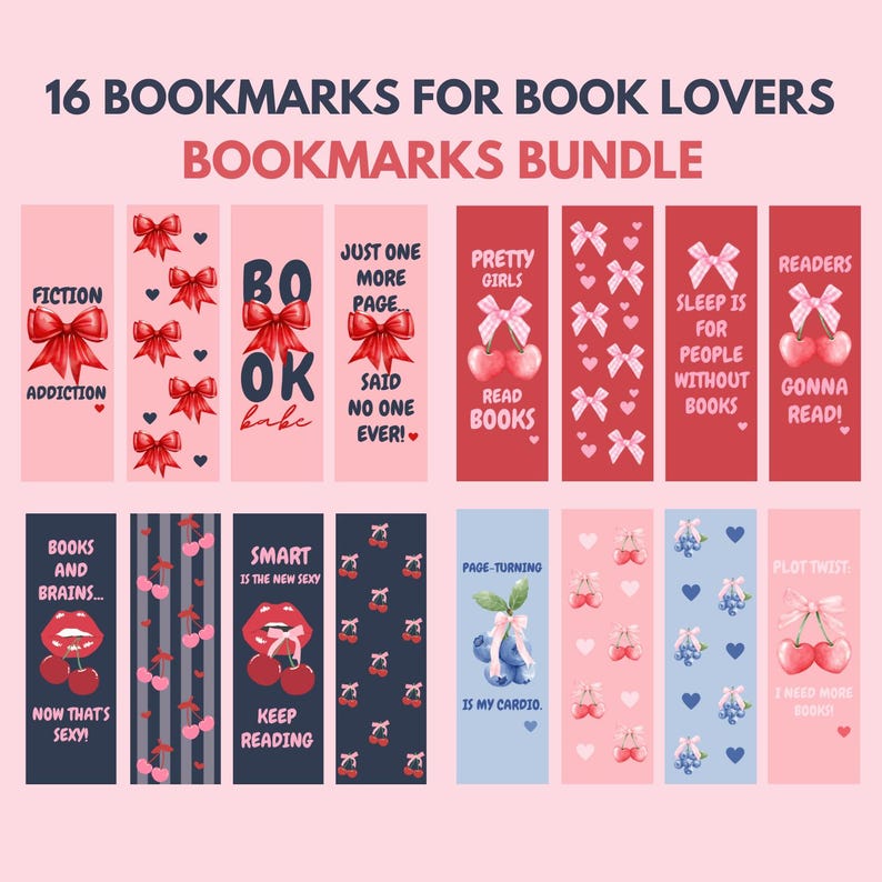 Pretty Bookmarks Bundle | Cherries and Bows Book Lovers | 16 Bookmarks ...